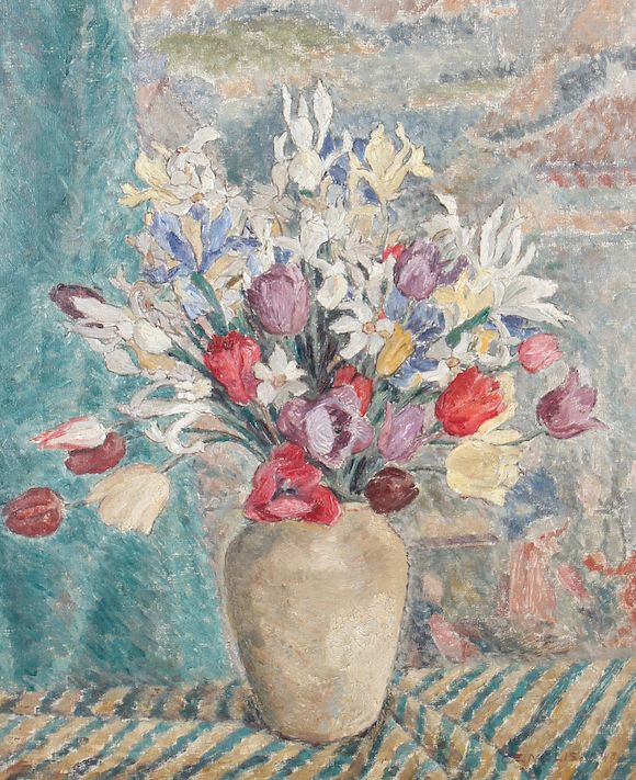 Bonhams : Grace English (British, 1891-1956) 'Mixed flowers on striped ...