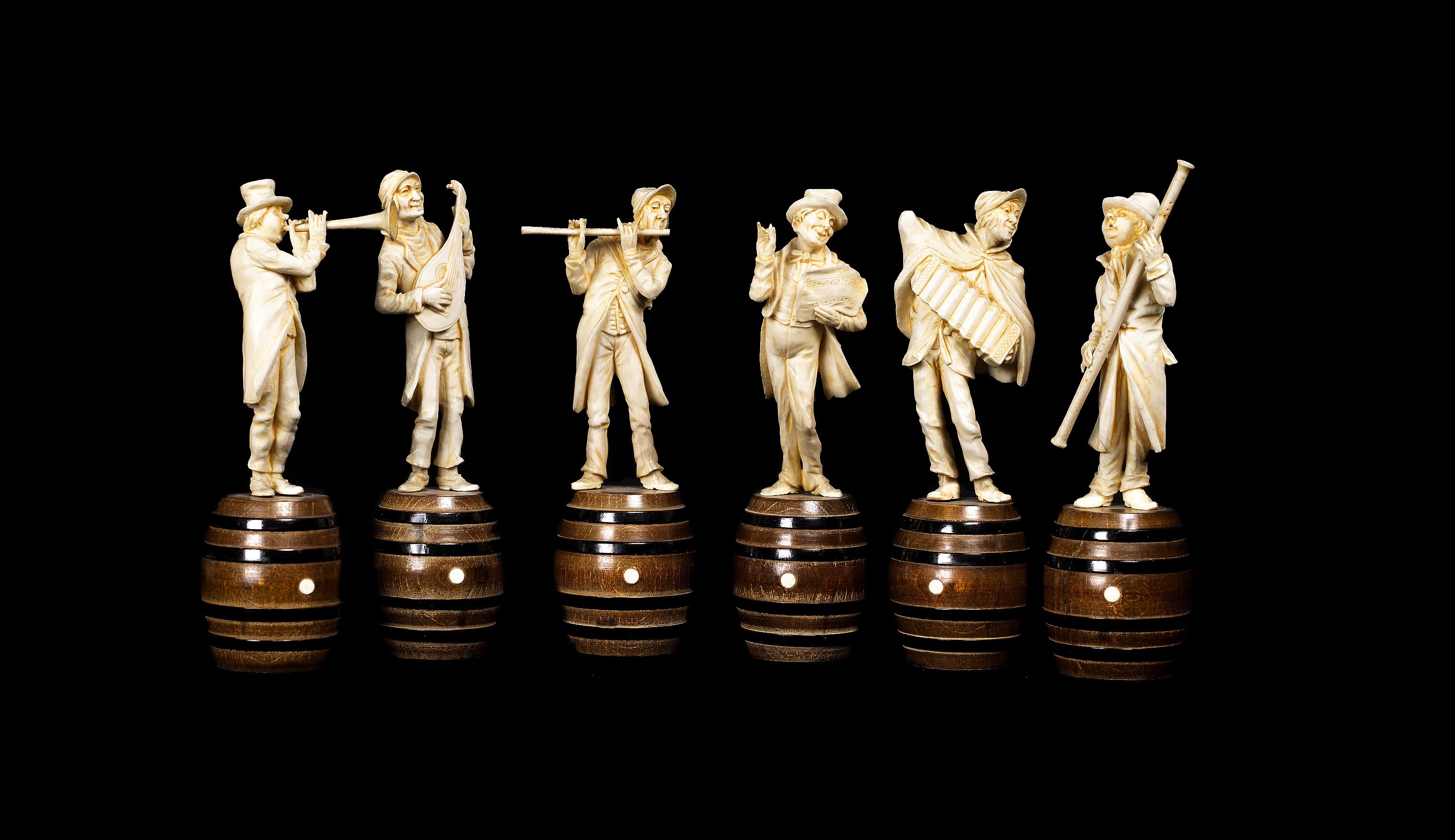 Bonhams : A set of six German 19th century carved ivory musician figures