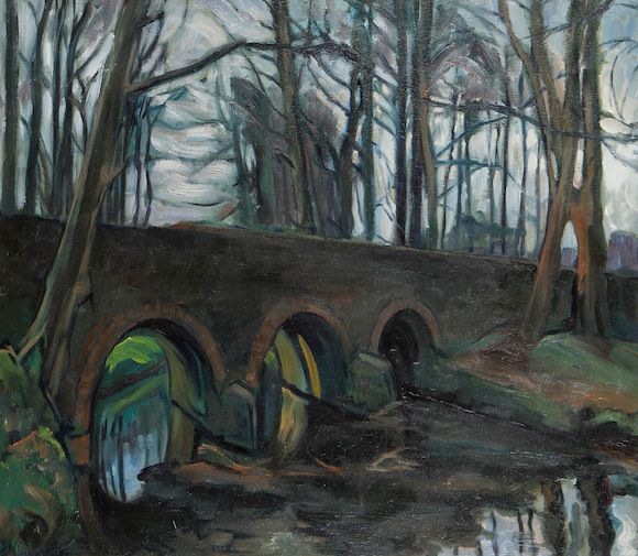 Bonhams : Paul Nietsche (Irish, 1855-1950) Landscape with bridge