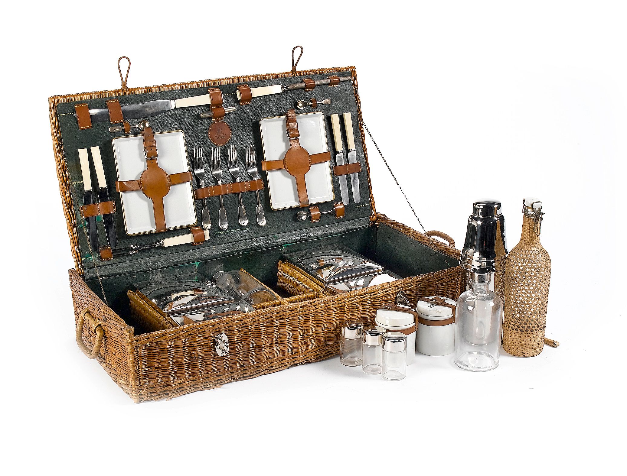 Bonhams Cars : A four-person wicker-cased picnic and cocktail set by ...