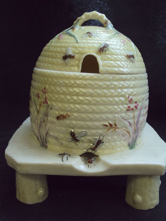Bonhams : A Belleek second period beeehive honeypot