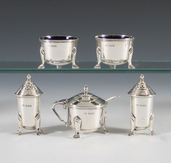 Bonhams : An Art Deco silver five piece condiment set By Frank Cobb ...