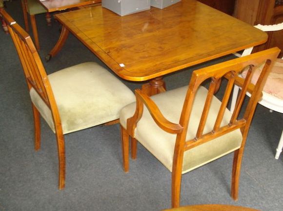 Bonhams : A yew finish dining suite, with ebony strung detail ...
