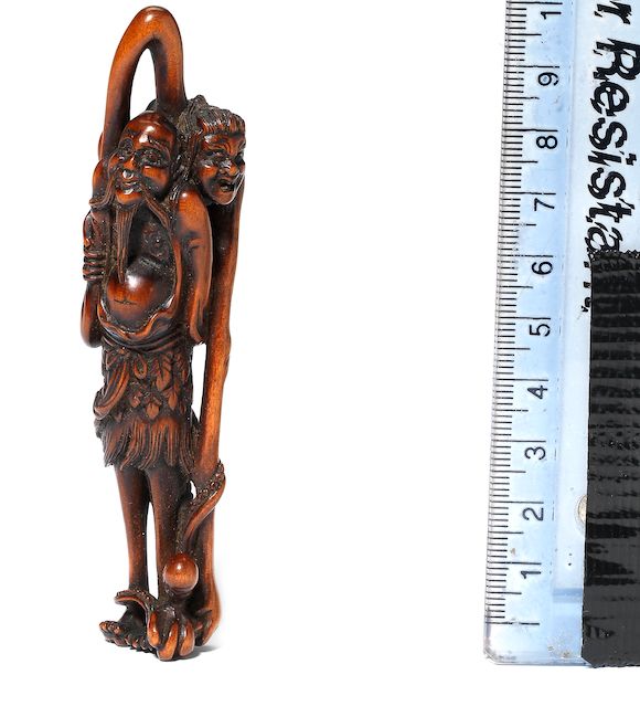 Bonhams : A wood netsuke of Ashinaga and Tenaga Early 19th century