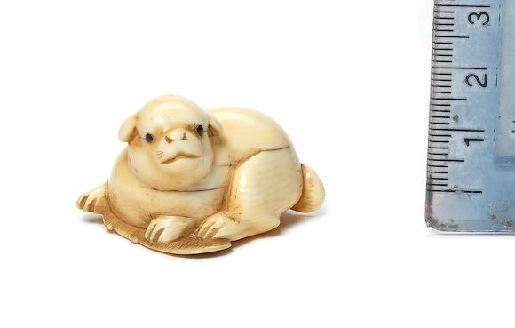 Bonhams : An ivory netsuke of a small dog 19th century