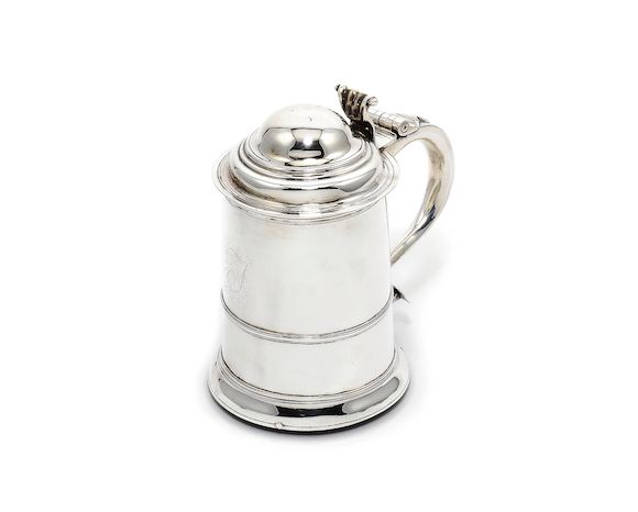 Bonhams : An 18th century silver lidded tankard, marks rubbed, maker's ...