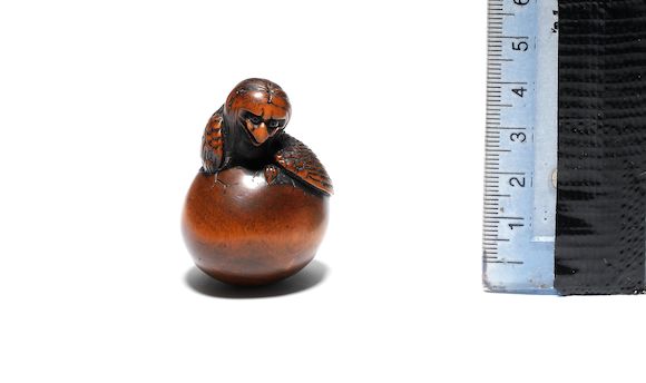 Bonhams : A wood netsuke of tengu no tamago Style of Toyomasa, Tanba ...
