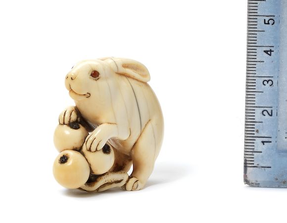 Bonhams : An ivory netsuke of a hare By Okatori, Kyoto, early 19th century