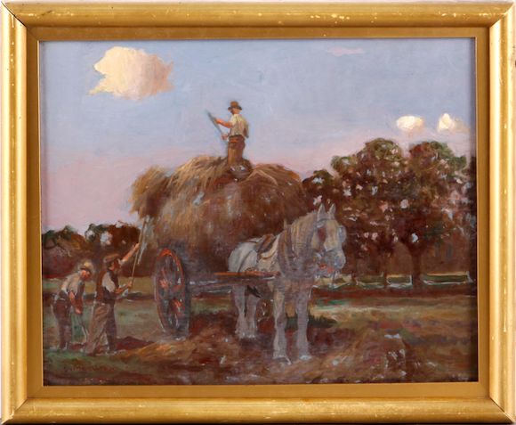 Bonhams : Geoffrey Mortimer (British, 1895-1986) Loading the hay wagon
