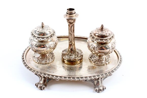 Bonhams : An early Victorian silver oval desk stand by R.H., London, 1852