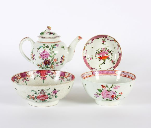 Bonhams : A Lowestoft teapot and a cover and two similar slop bowls and ...
