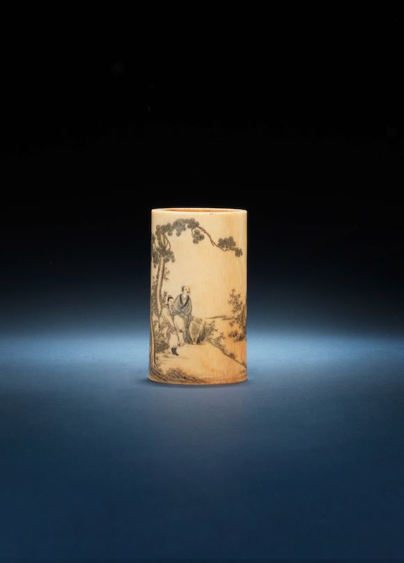 Bonhams : A small ivory cylindrical brushpot, bitong Qianlong four ...