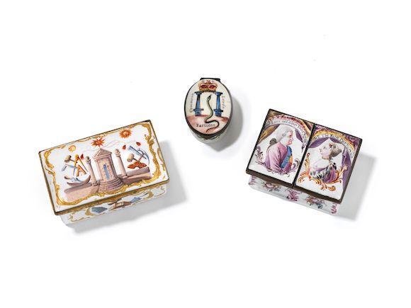 Bonhams : A Birmingham or South Staffordshire enamel Masonic snuff box ...