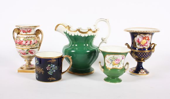 Bonhams : Three Regency floral decorated vases, a green glazed jug and ...
