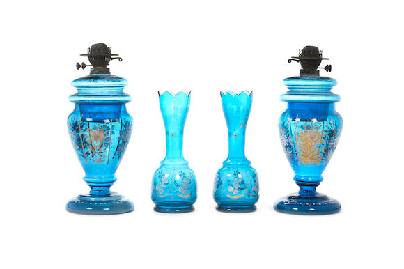 Bonhams A Pair Of Bohemian Early 20th Century Blue Glass Oil Lamps Together With A Pair Of