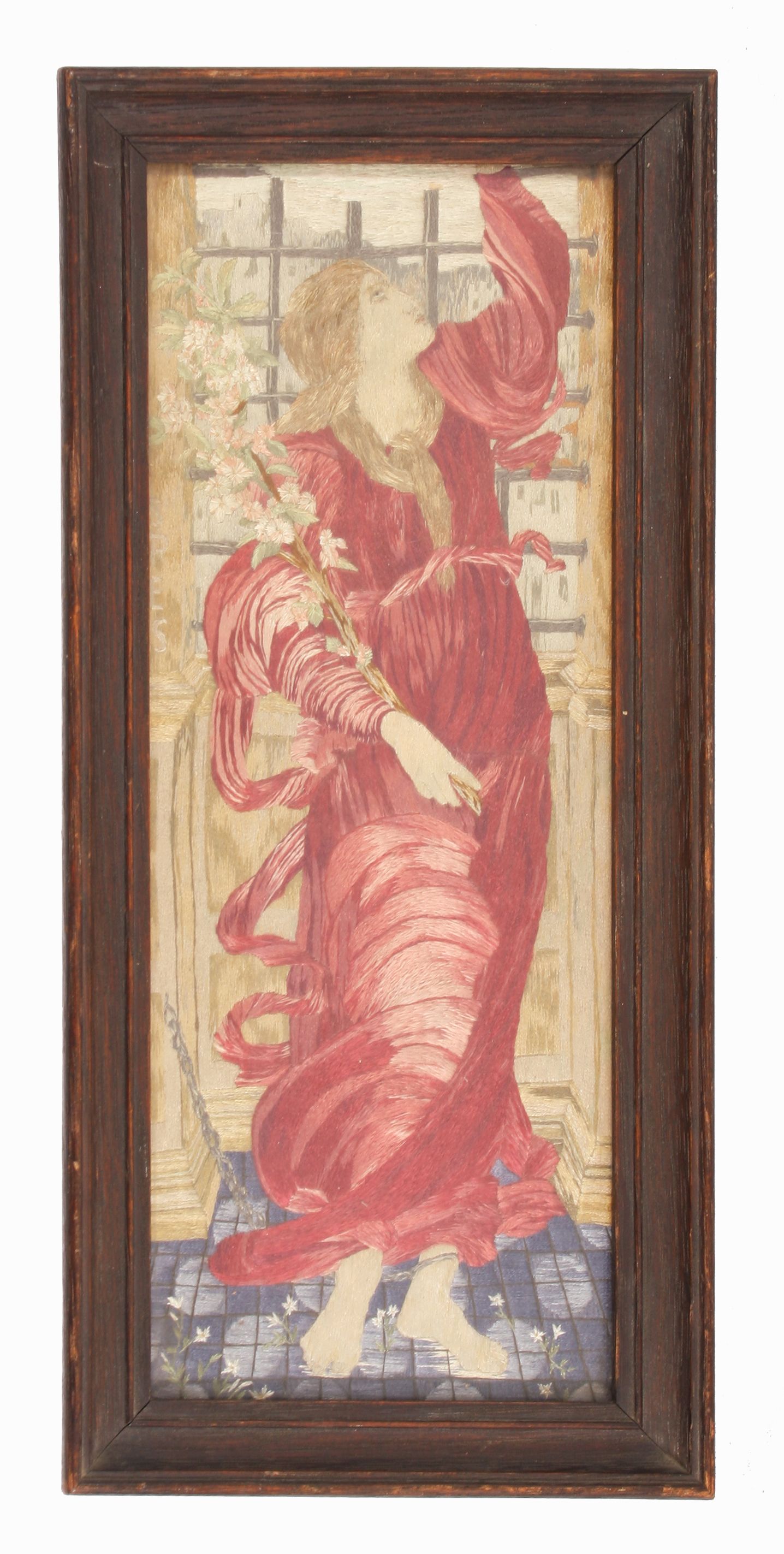 Bonhams : A Pre-Raphaelite needlework picture depicting Spes, the ...