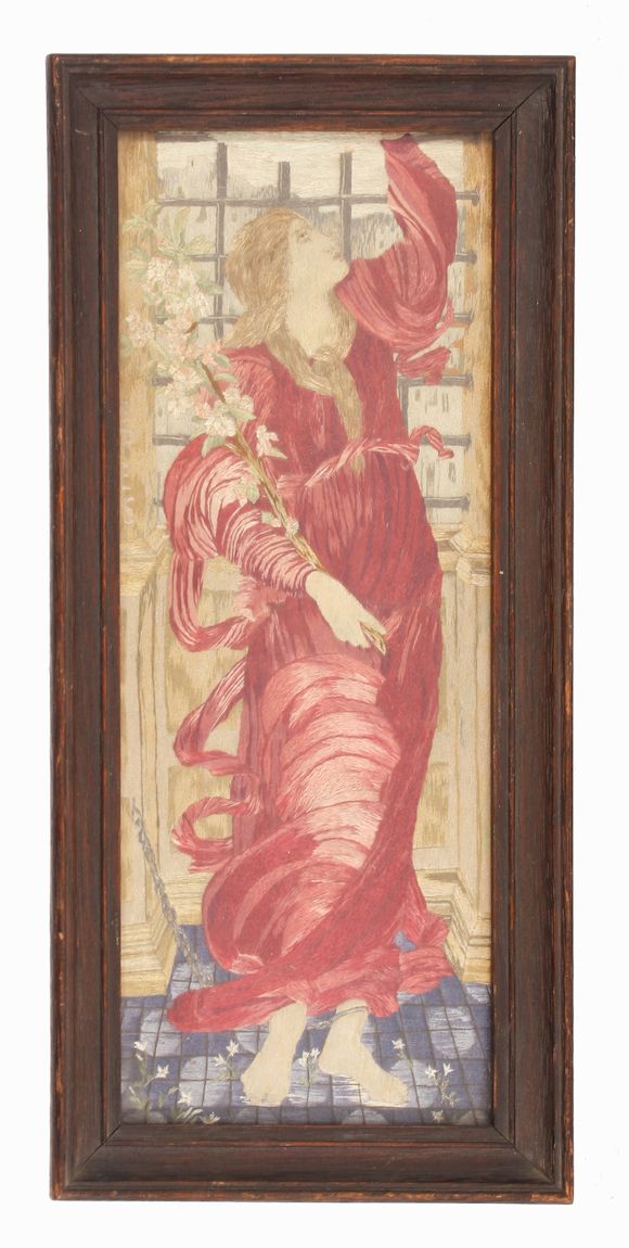 Bonhams : A Pre-Raphaelite needlework picture depicting Spes, the ...