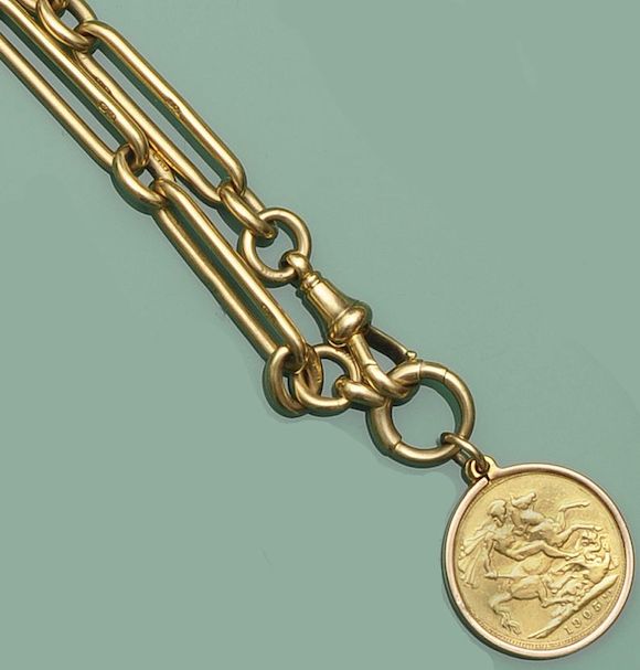 Bonhams : An 18ct gold fetter-link Albert chain and an Edward VII sovereign