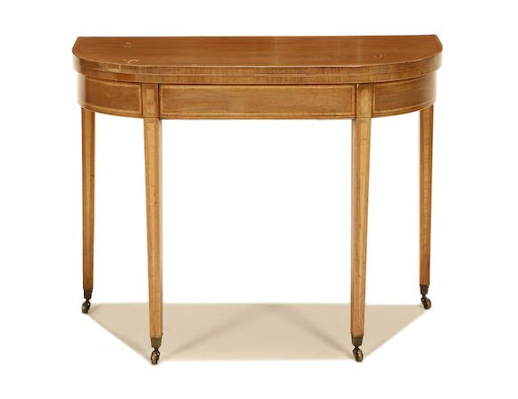 Bonhams : A late George III mahogany and fruitwood inlaid D shaped card ...