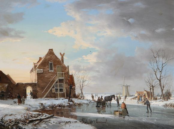 Bonhams : A. de Groote (Dutch, 20th Century) A winter's evening, Dordrecht
