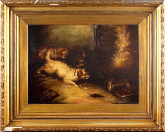 Bonhams : After Edward Armfield Terriers ratting in a barn