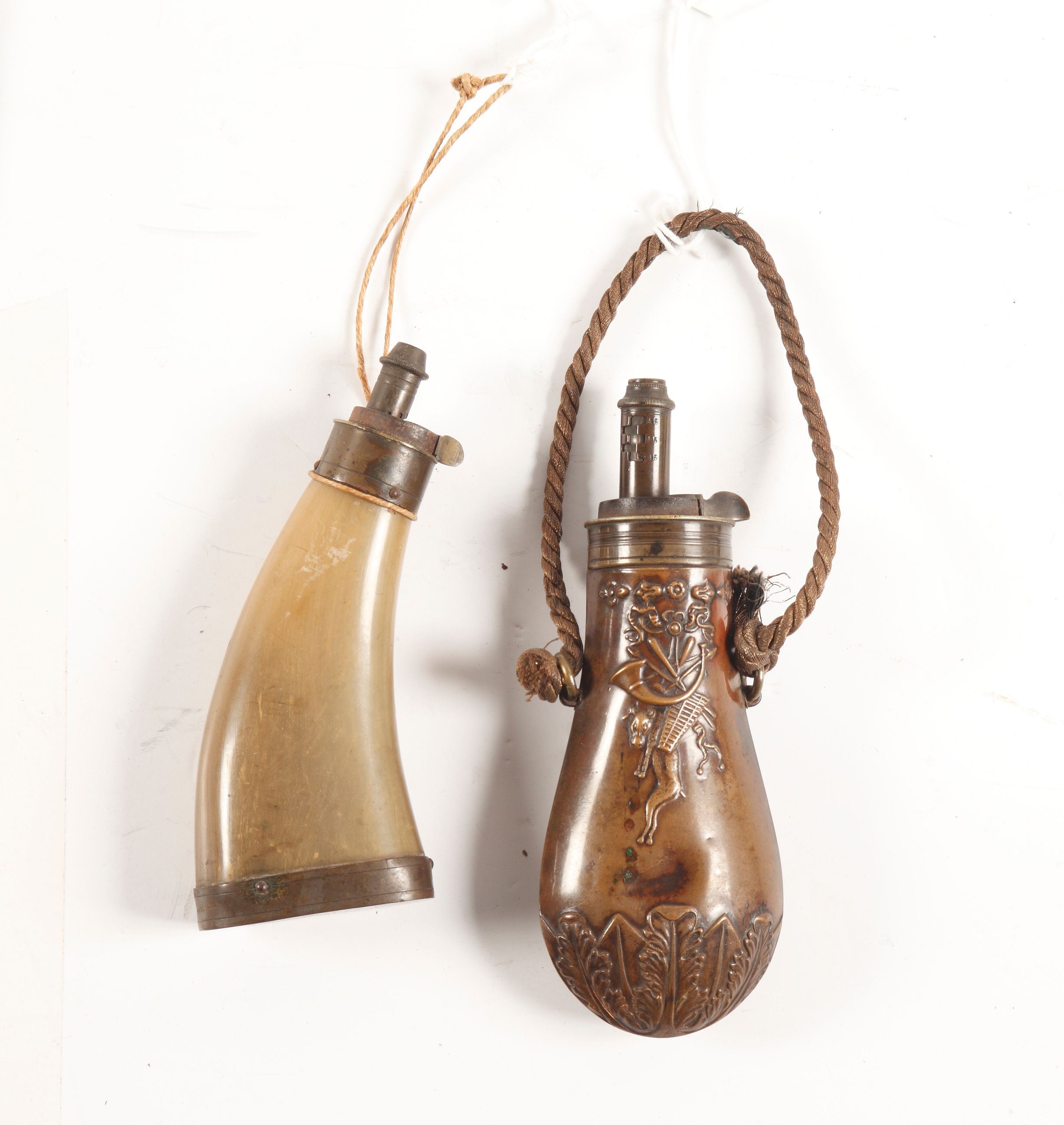 Bonhams : A French Copper Powder Flask and a Horn Powder Flask