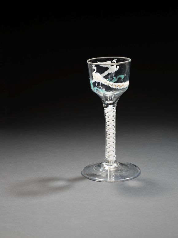 Bonhams : A rare Beilby enamelled opaque-twist wine glass, circa 1765