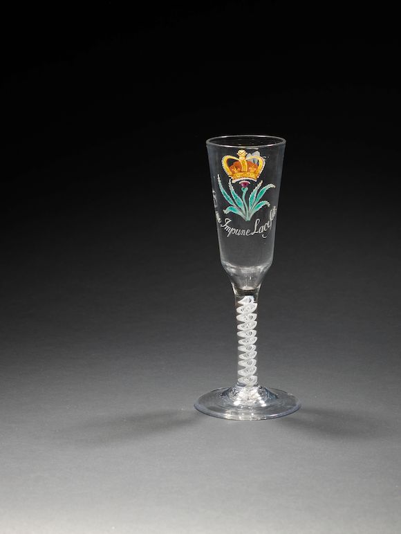 Bonhams : A rare Beilby enamelled opaque-twist ale glass, circa 1765