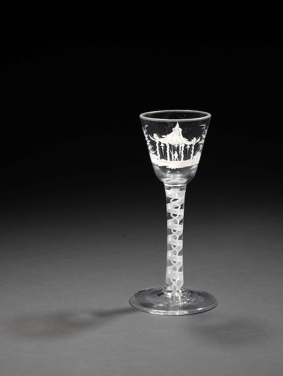 Bonhams : A Beilby enamelled opaque-twist wine glass, circa 1765