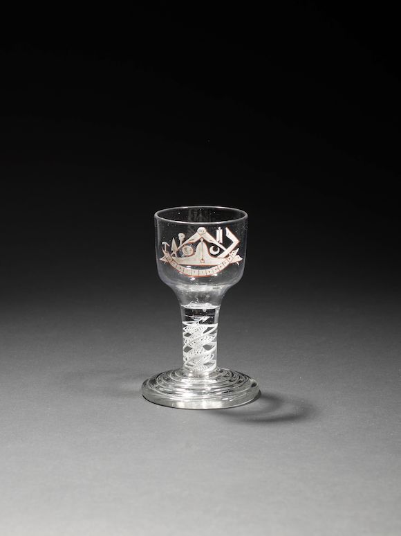 Bonhams : An enamelled Masonic opaque-twist firing glass, circa 1765