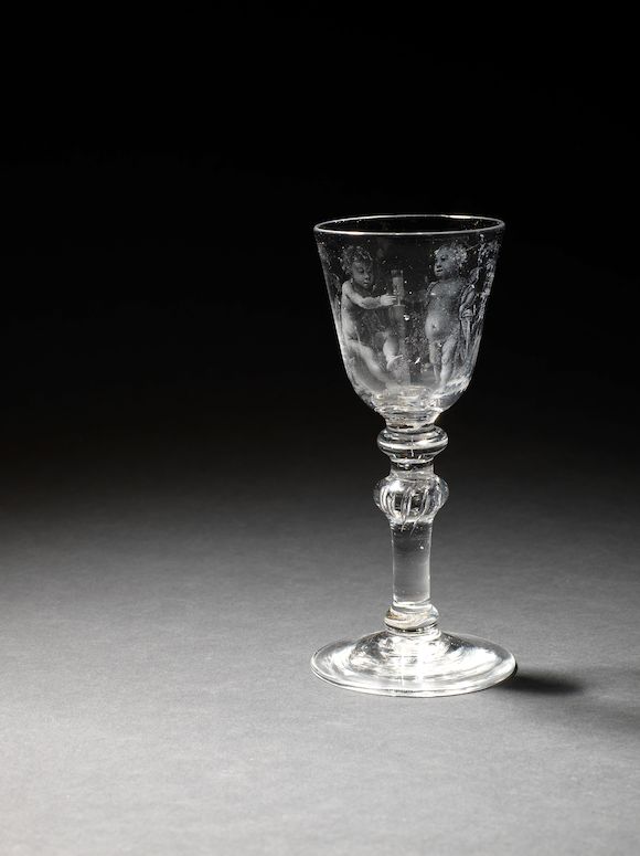 Bonhams : A Dutch stipple-engraved baluster wine glass, circa 1765