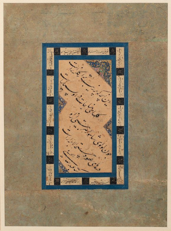 Bonhams : A quatrain in praise of the Subhat al-Abrar of Jami in nasta ...