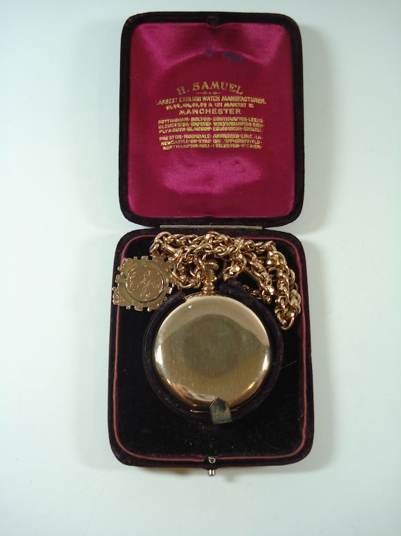 Bonhams : A 9ct gold Albert watch chain and a plated pocket watch, by Elgin