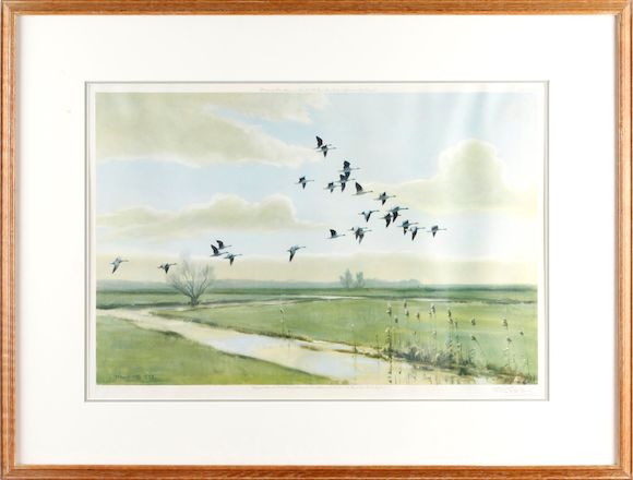 Bonhams : After Peter Markham Scott Geese in flight signed in pencil ...