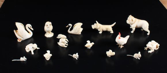 Bonhams : A group of fifteen miniature carved ivory animals