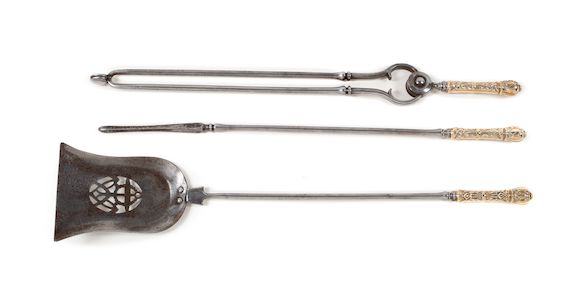 Bonhams : A set of Regency steel fire irons with brass ends