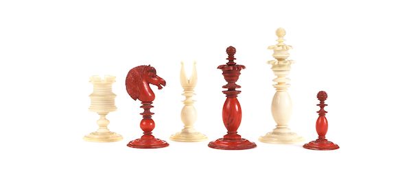 Bonhams : A "Calvert Pattern" ivory chess set, English, mid-19th century,