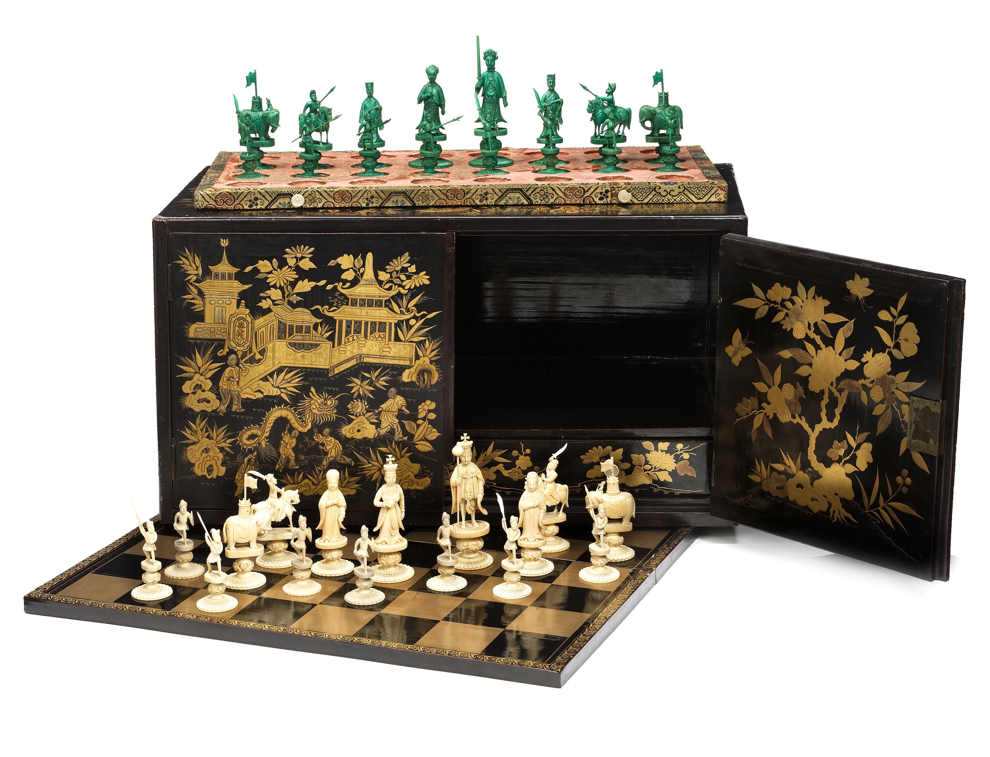 Bonhams : A Chinese Export ivory King George chess set in a lacquered ...