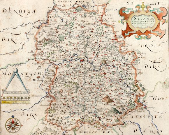 Bonhams : Saxton, Christopher Shropshire 'Salopiae' A colour-tinted map ...