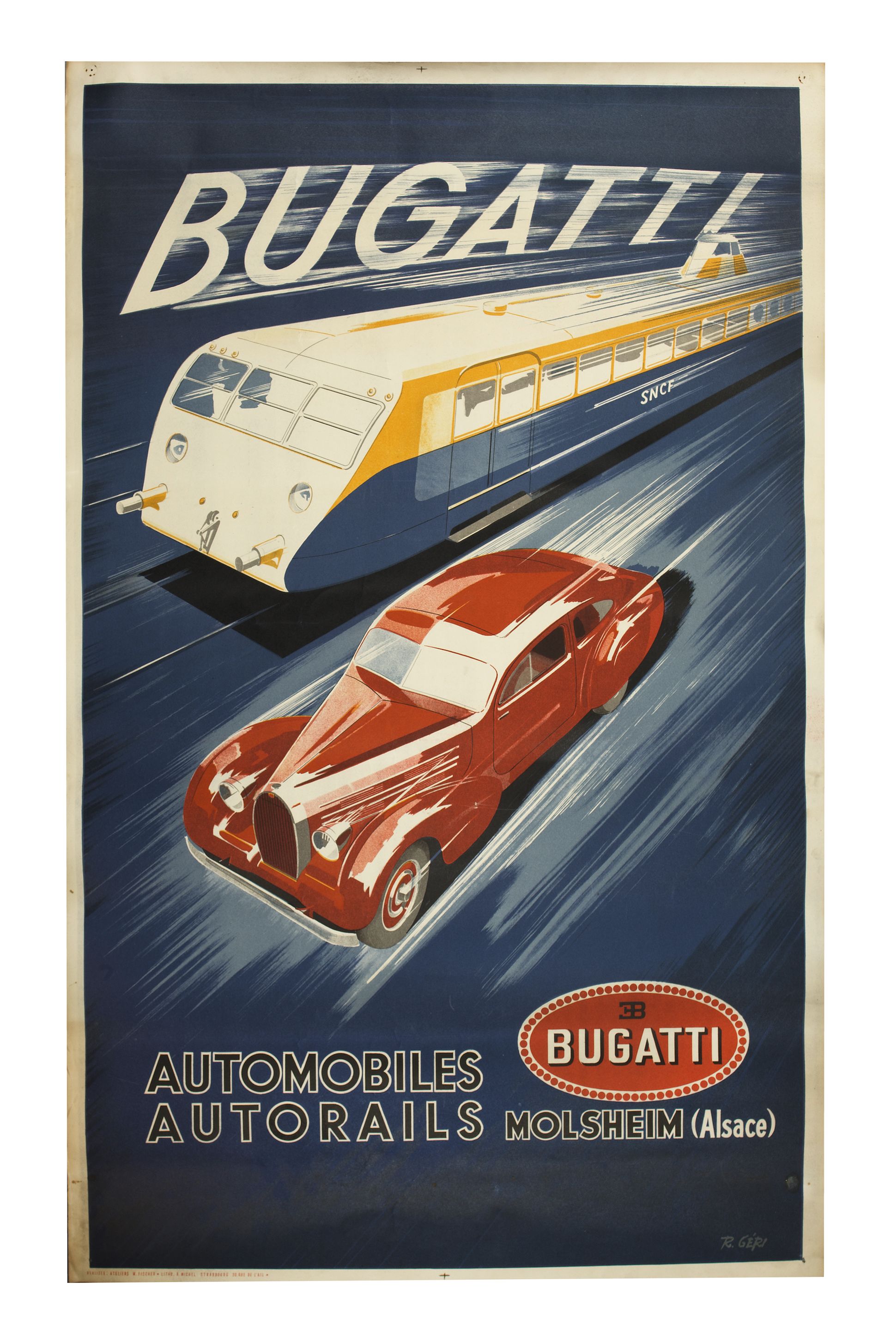 Bonhams Cars : A Bugatti advertising poster, 'Automobiles Autorails', French, circa 1937,