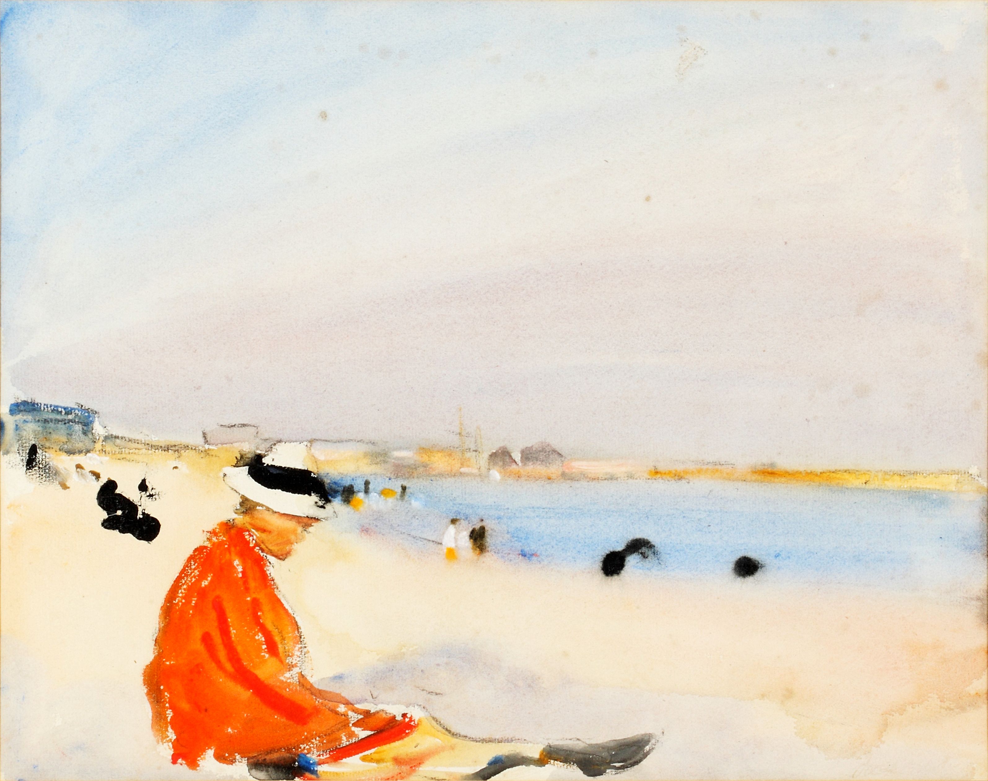 Bonhams : Fred Mayor (British, 1865-1916) Seated woman in red on a beach