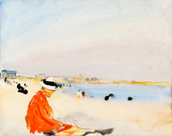Bonhams Fred Mayor British 1865 1916 Seated Woman In Red On A Beach