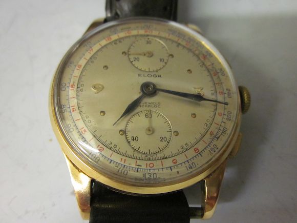 Bonhams : Eloga: An 18k gold chronograph strap watch,
