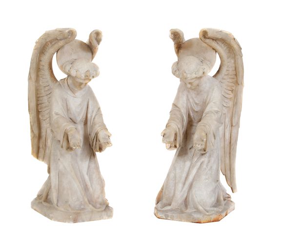 Bonhams : A pair of Victorian carved alabaster figures of angels