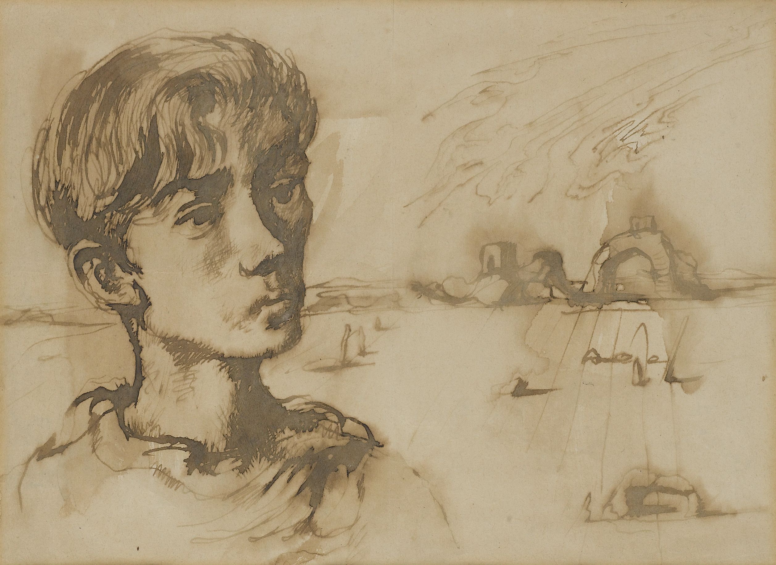 Bonhams : John Minton (British, 1917-1957) Portrait with landscape beyond