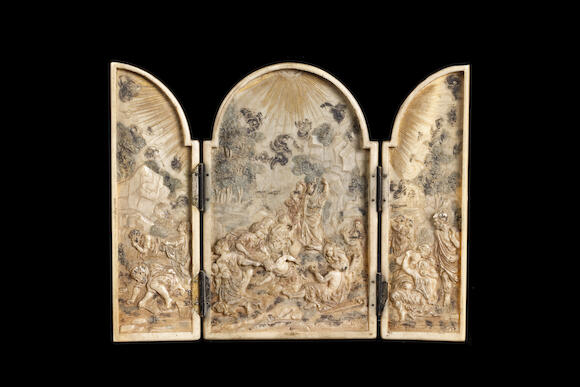 Bonhams : An 18th century part painted and parcel gilt ivory triptych relief depicting a ...