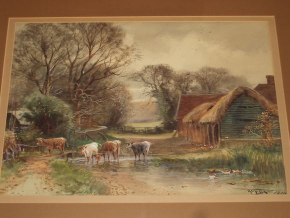 Bonhams : Henry Charles Fox (British, 1860-1925) Cattle watering at a ...