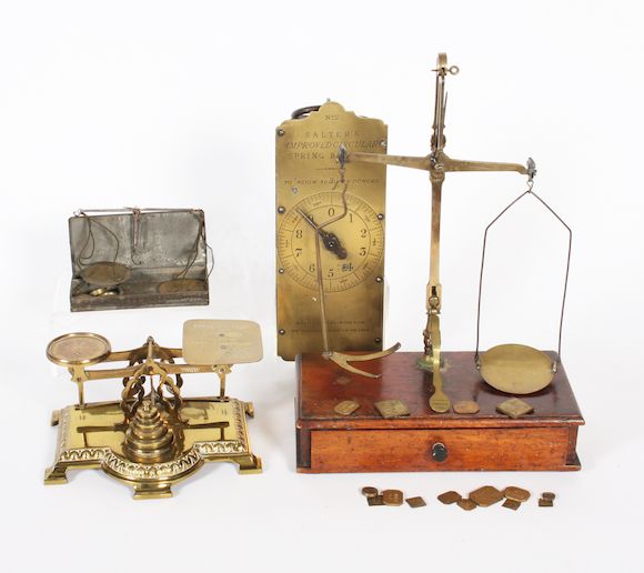 Bonhams : A set of polished brass postal scales and weights, a brass ...