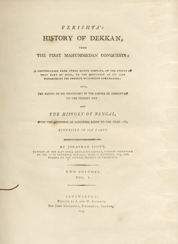 Bonhams : FIRISHTAH (MUHAMMAD KASIM IBN HINDU SHAH) History of Dekkan ...