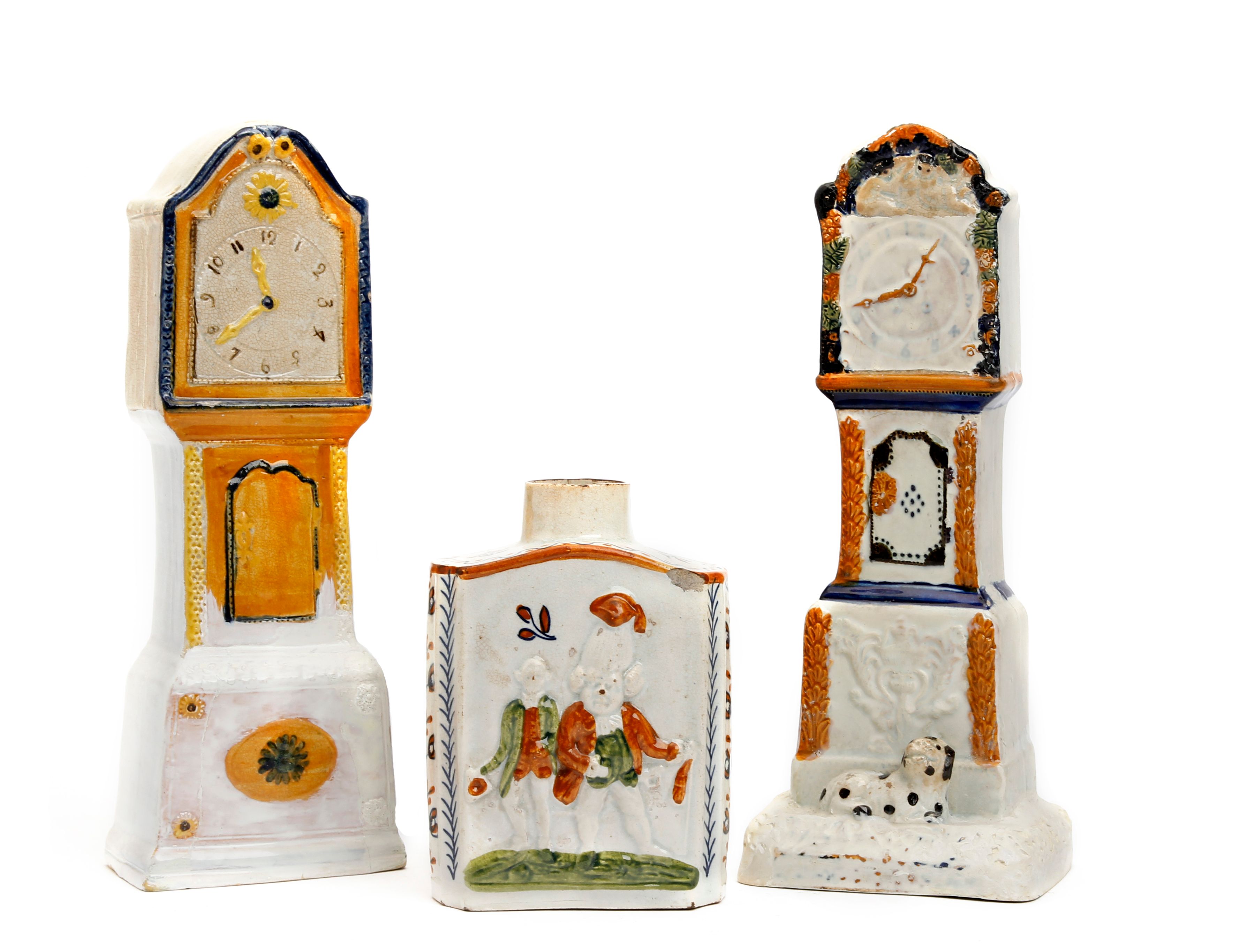 Bonhams : A Pratt Ware Macaroni tea canister and two Yorkshire clock ...